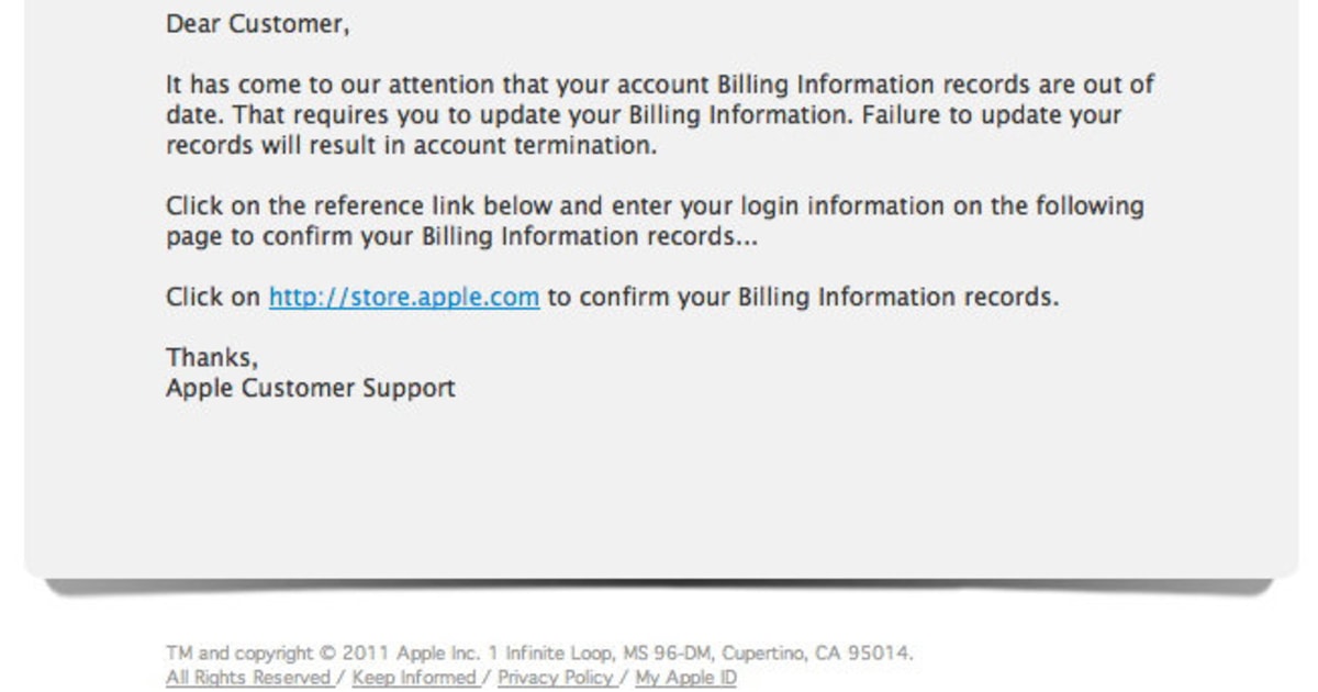 Phishing email seeks Apple billing info