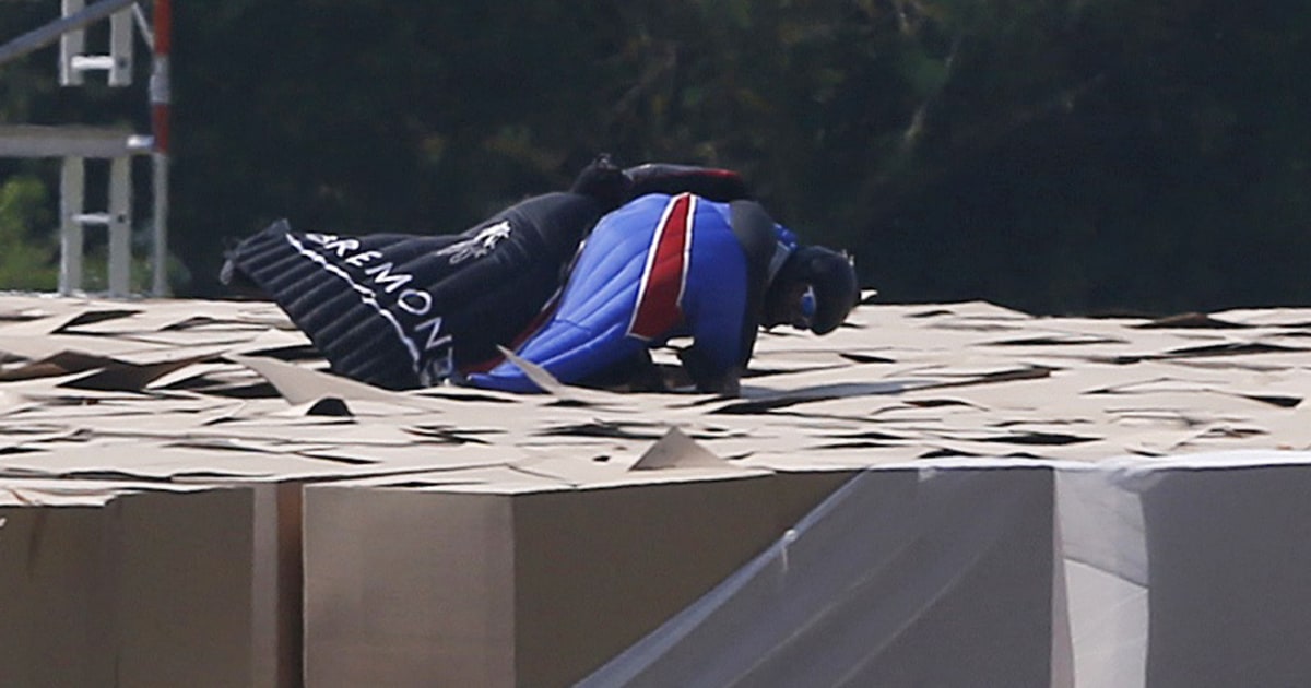 Stuntman in wingsuit lands without a parachute