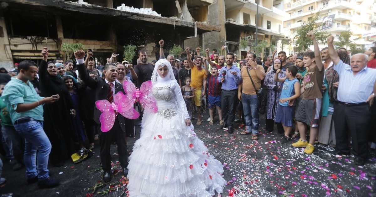 Wedding portrait at site of Beirut car bombing