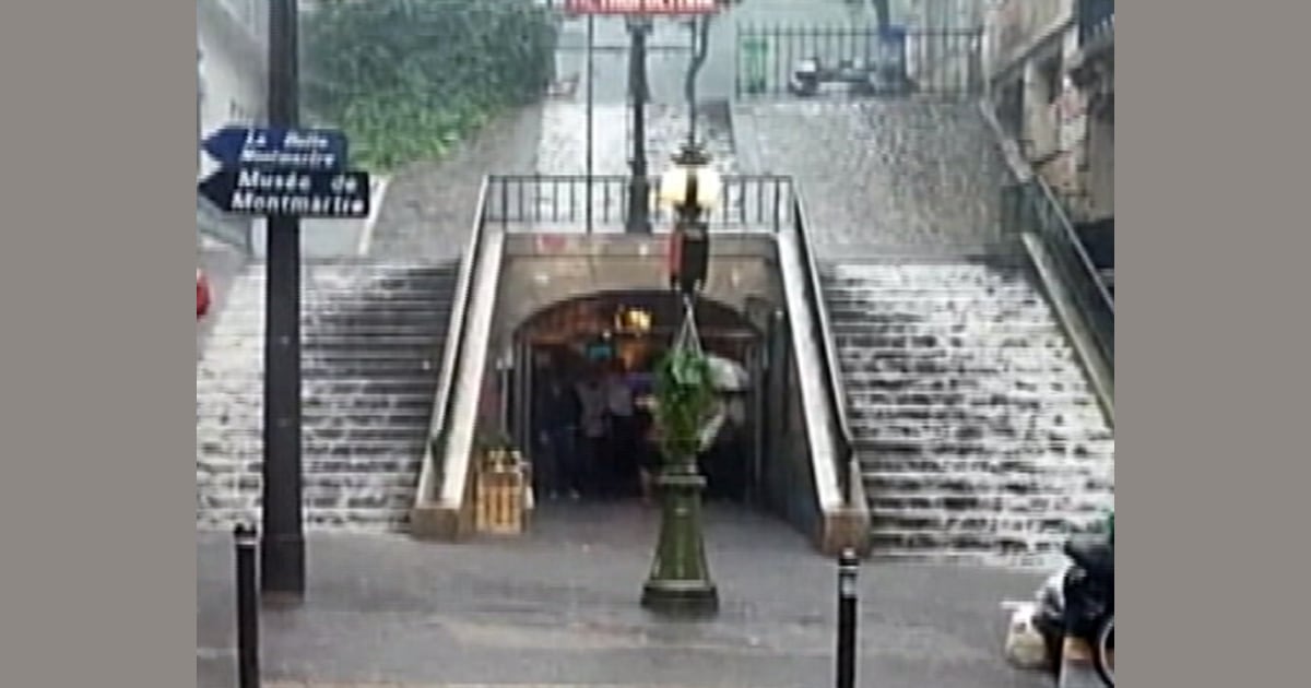 Paris flooding turns staircase into waterfall