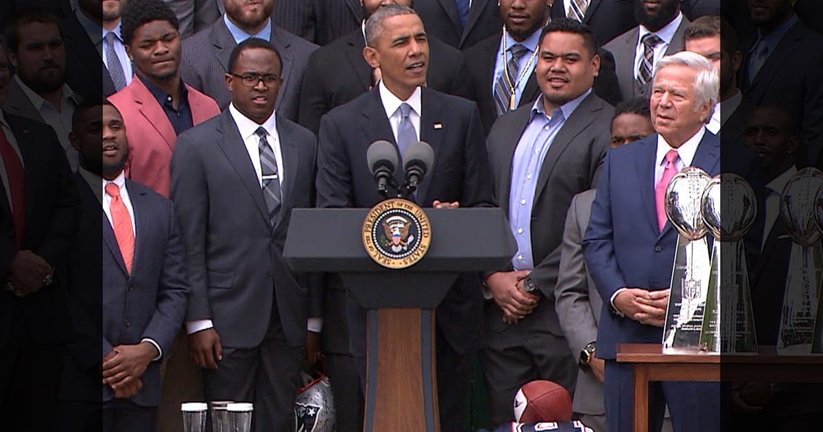 Obama welcomes NFL champs with ‘DeflateGate’ joke
