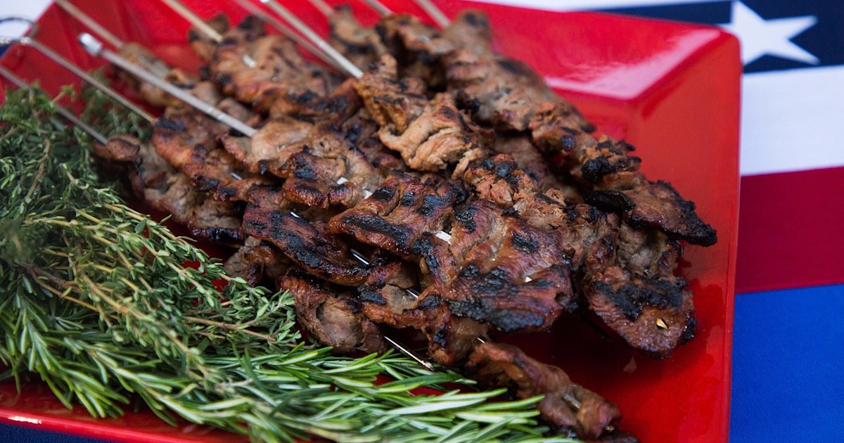 July Fourth food: BBQ beef skewers, fruit feta salad and rice cereal pops