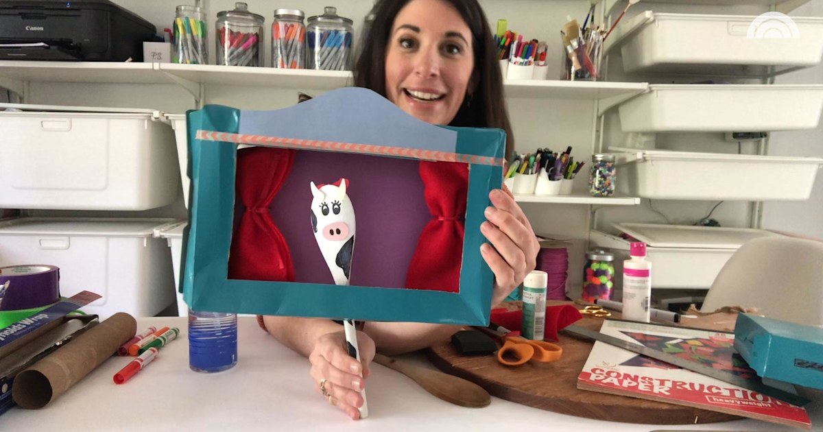 Make your own puppet show with a cereal box and wooden spoon
