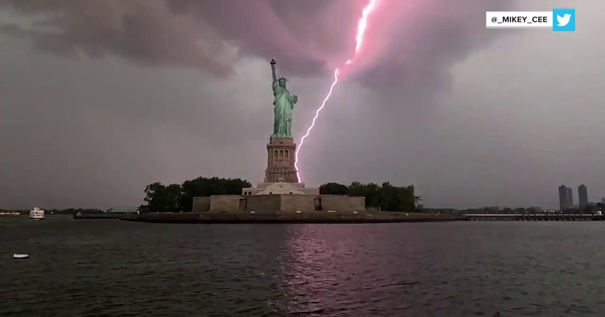 Video shows dramatic lightning strike near Statue of Liberty