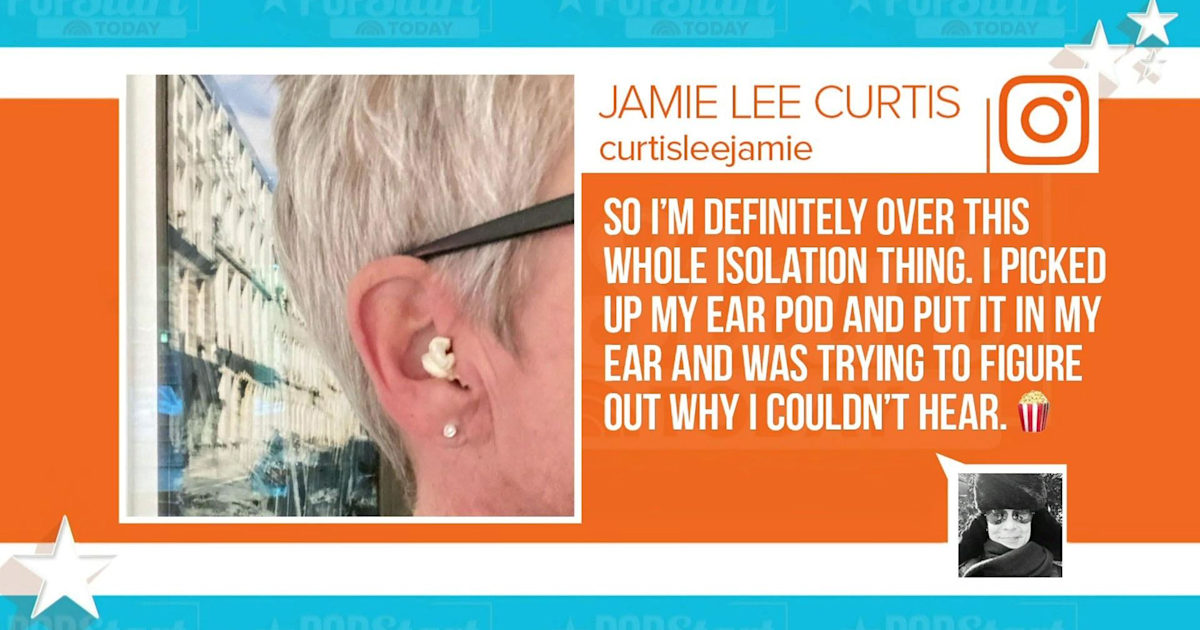Jamie Lee Curtis mistakes a piece of popcorn for AirPod