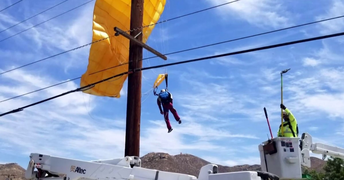 Skydiver dangles from power lines after his parachute gets snagged