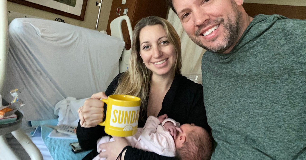 Parents and their newborn baby celebrate new life with a Sunday Mug