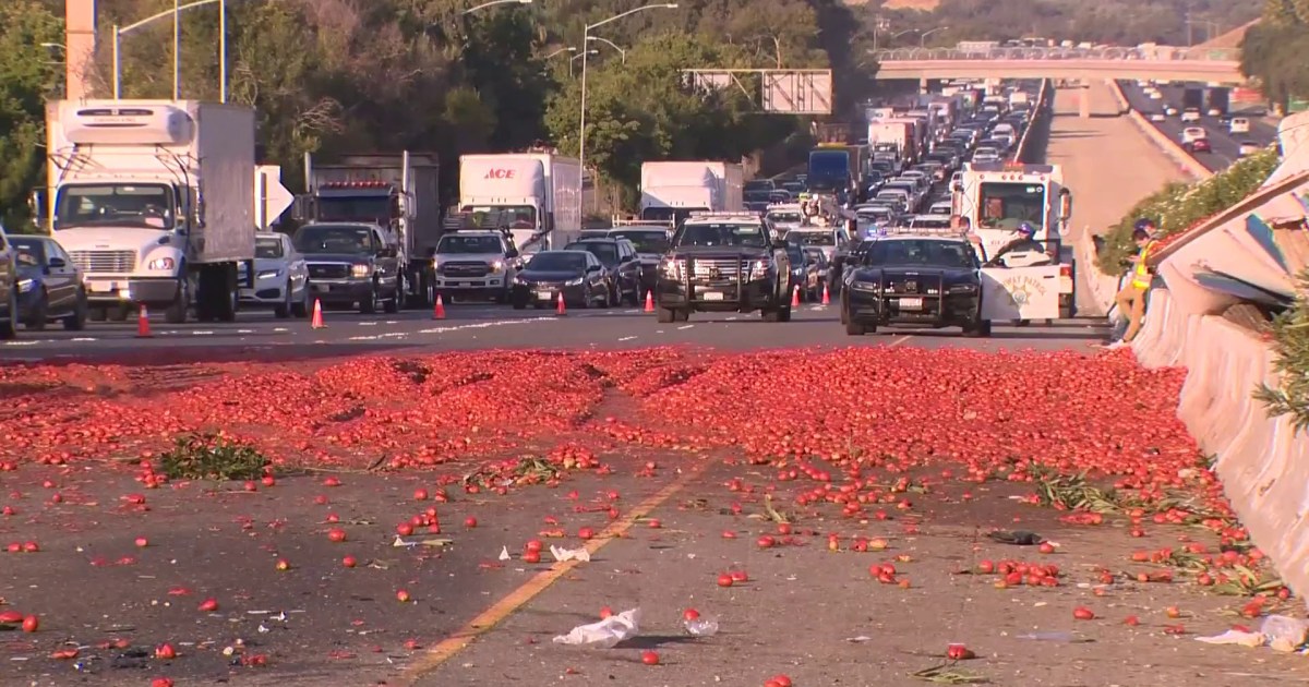 Tomatoes spill onto California freeway after truck crashes