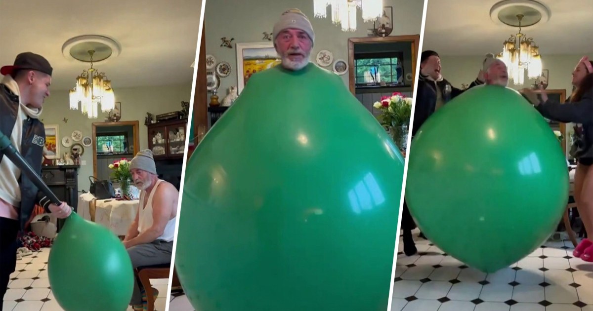 See dad bounce around in balloon after hilarious leaf blower stunt