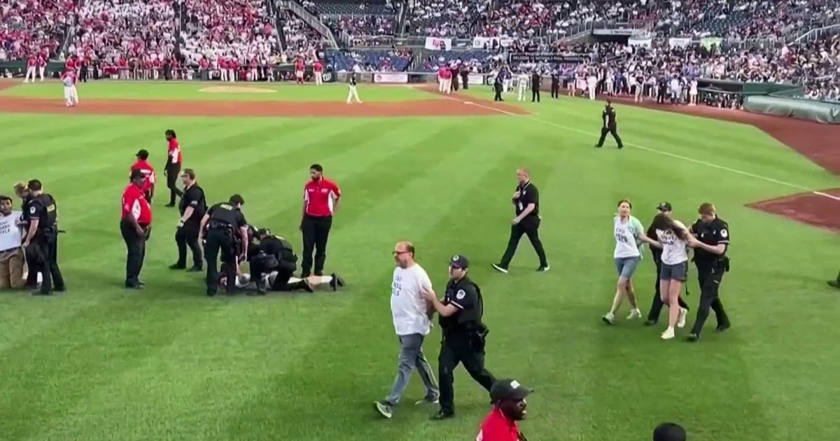 Fossil fuel protesters rush field at Congressional baseball game