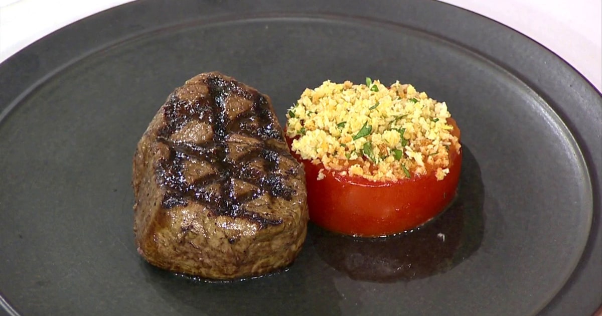 Get Michael Mina’s steak, herb crusted roasted tomato recipe