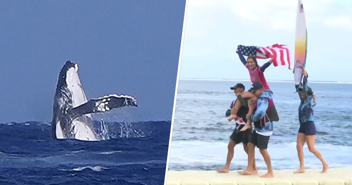 Humpback whale stops by Olympics; US surfer gets ‘chair’ honor
