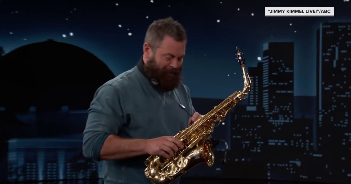 Nick Offerman shows off sax skills in surprise 'Kimmel' appearance