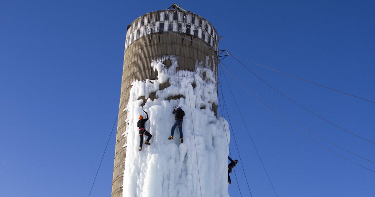 Ice climbers ascend Iowa silos' challenging, man-made frozen walls