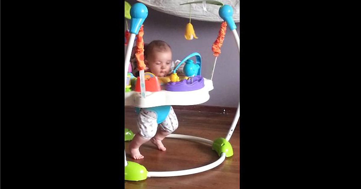 Watch this baby fall asleep while jumping