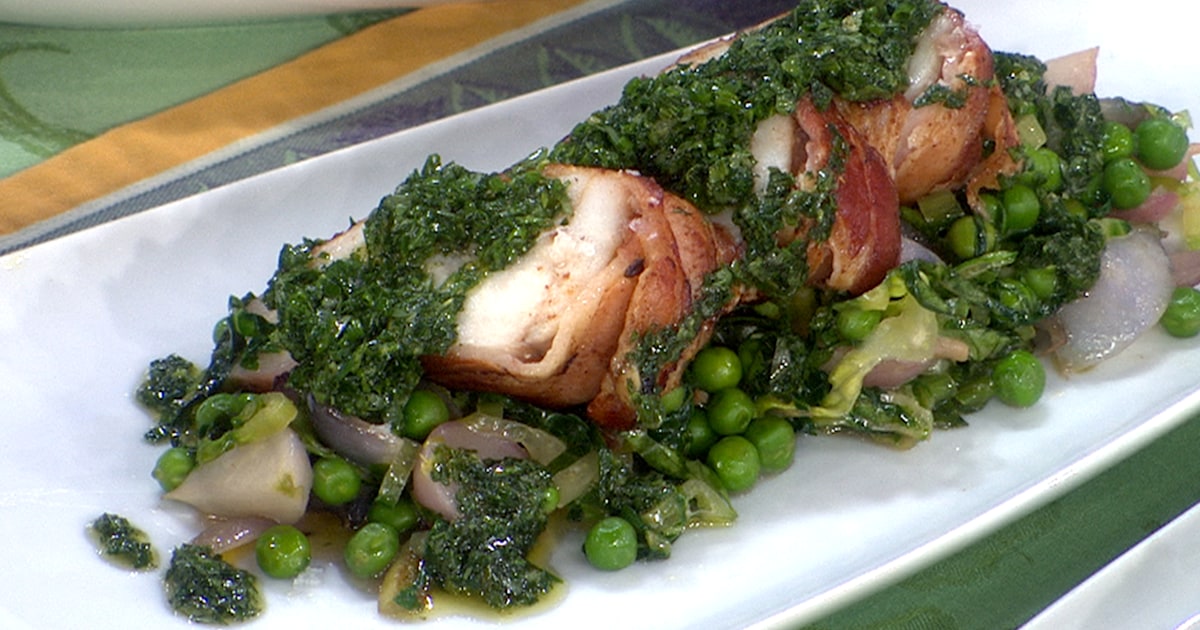 Make bacon-wrapped monkfish with peas and salsa verde