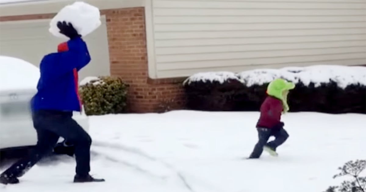 Kid can't escape being clobbered by his dad's giant snowball