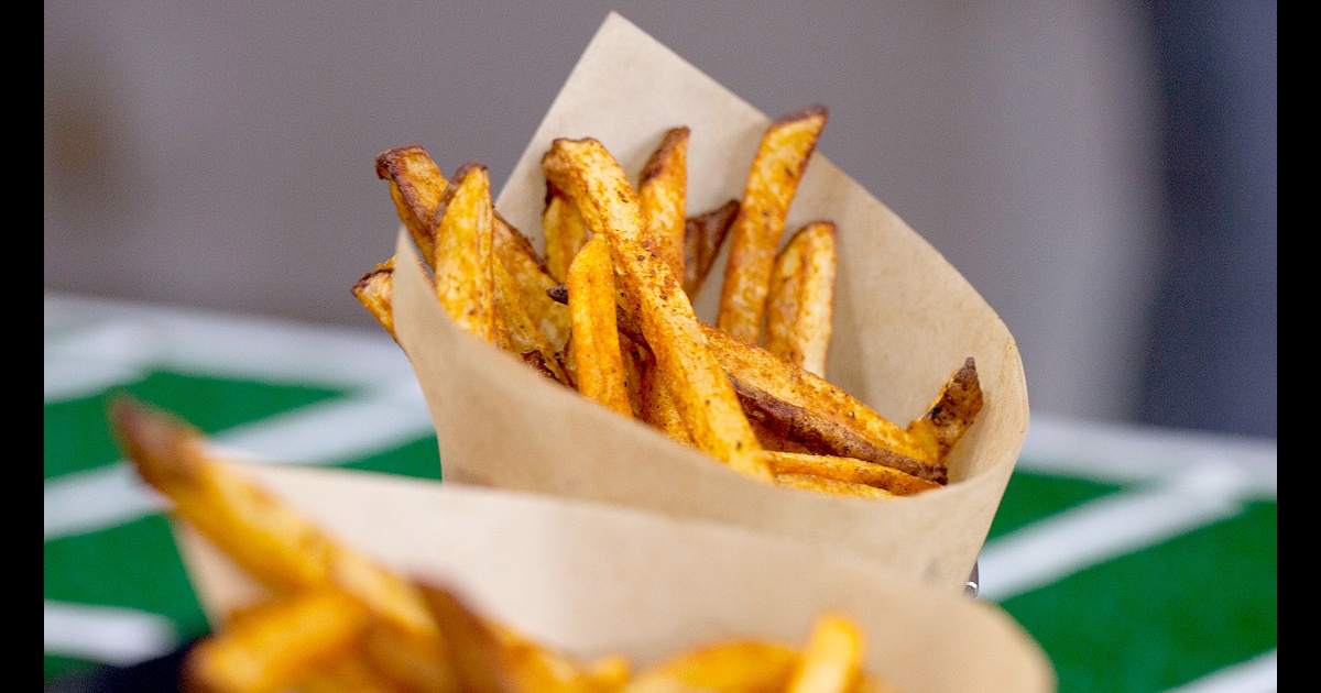 Healthy football party food: flank steak, crispy oven fries