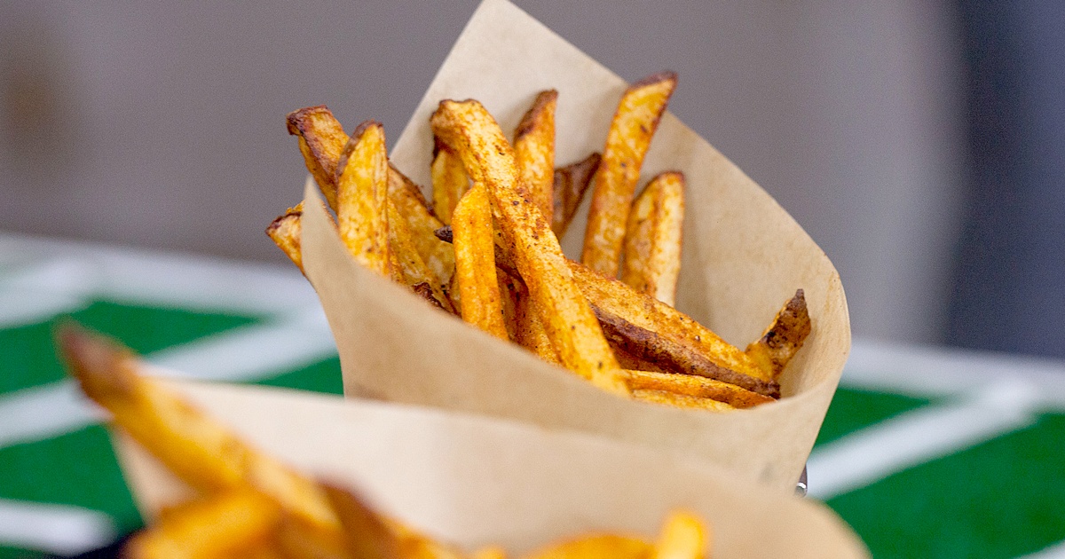 Healthy football party food: flank steak, crispy oven fries