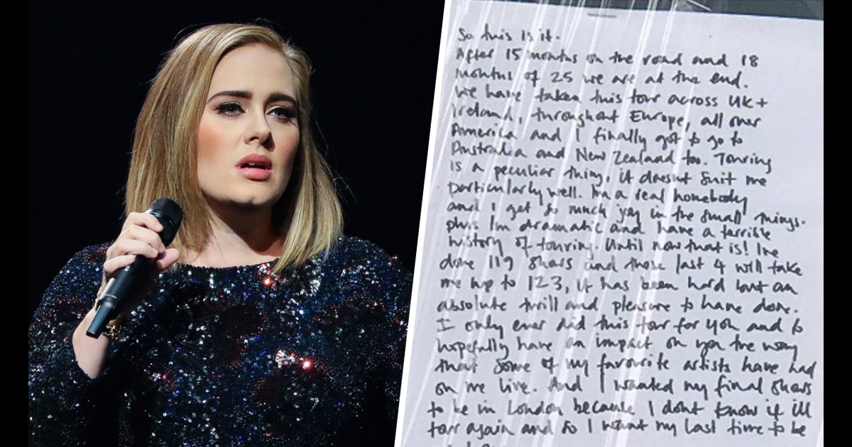 Adele shares note with fans saying she may be done touring