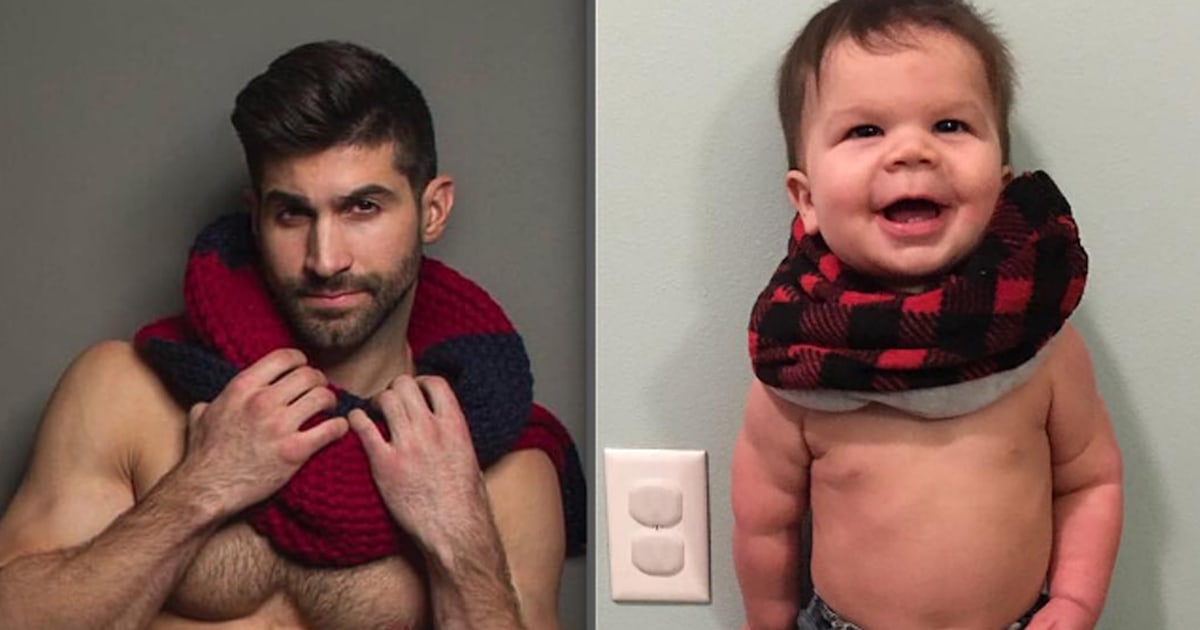 In Baby and the Body Instagram, toddler spoofs male model