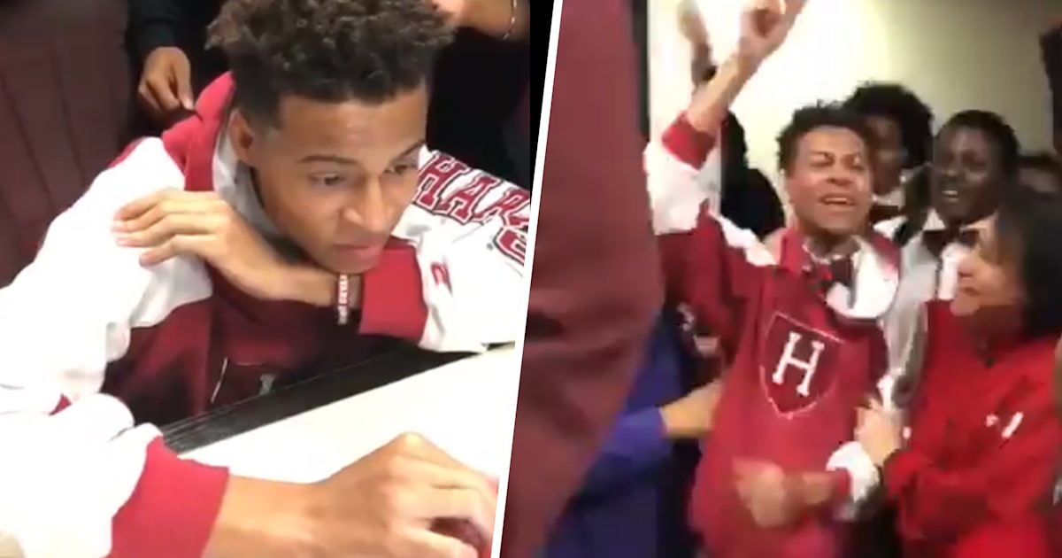 Classmates explode with joy the moment teen learns he got into Harvard