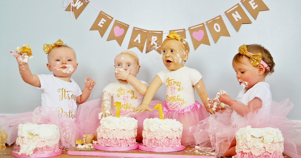 Twin girls look exactly like their life-size birthday cakes