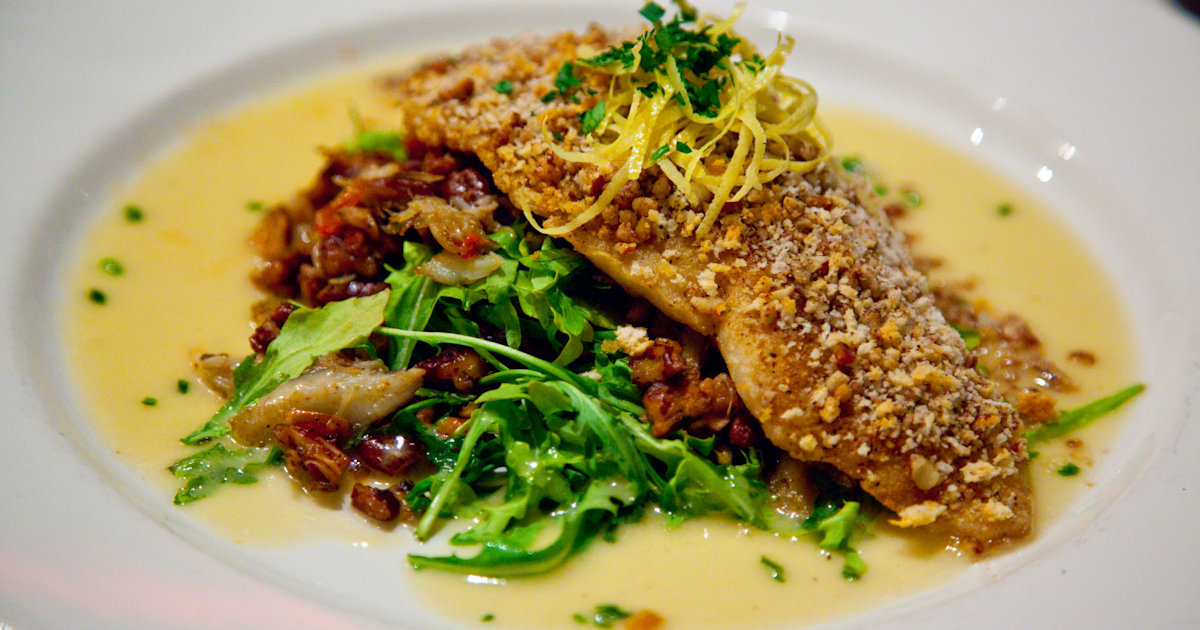 Pecan-Crusted Fish with Crab Salad and Corn Sauce Recipe