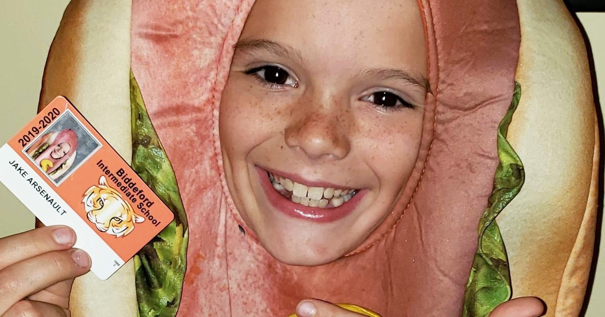 Boy dresses as a hot dog for picture day at school