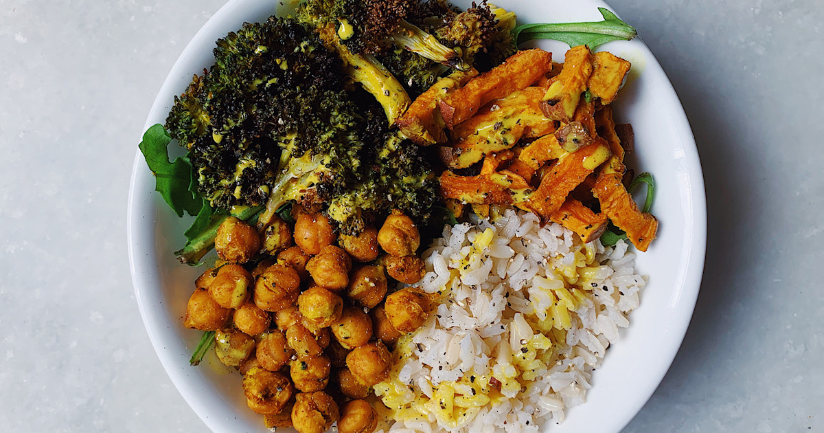 Samah Dada roasts a bunch of veggies in masala spices for dinner in a bowl