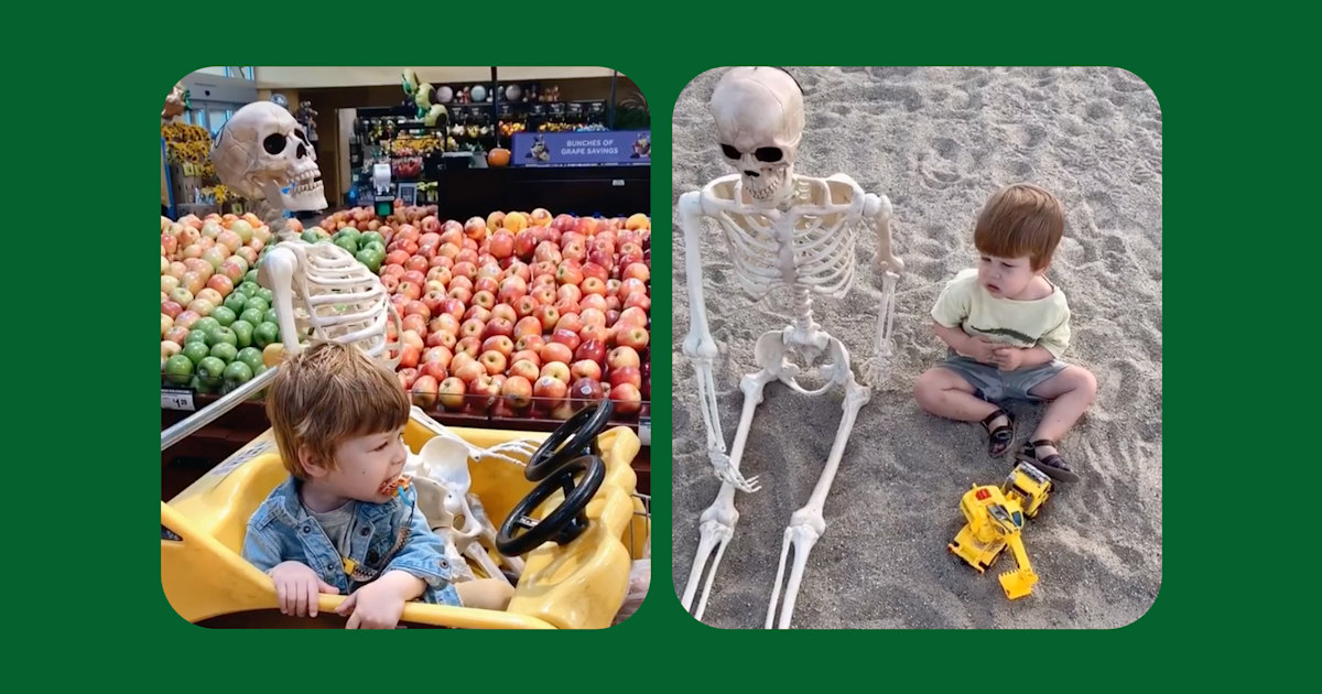 Toddler brings his new best friend, a skeleton, everywhere