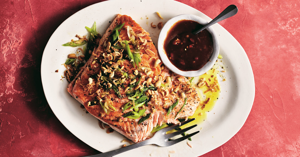Grilled Salmon with Tamarind Dipping Sauce and Crispy Brussels Sprouts ...