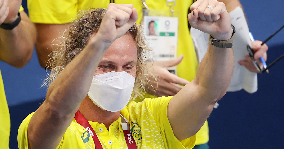 Australian swim coach Dean Boxall goes wild in celebration at Olympics