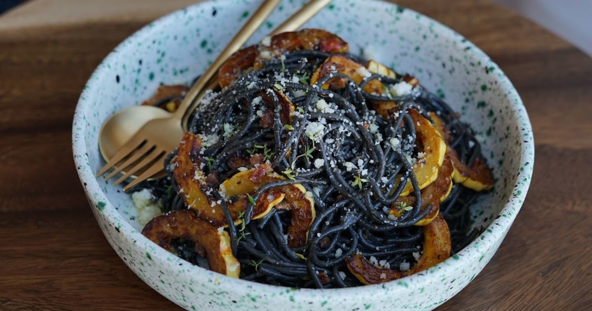 Squid Ink Linguine with Squash and Pancetta Recipe