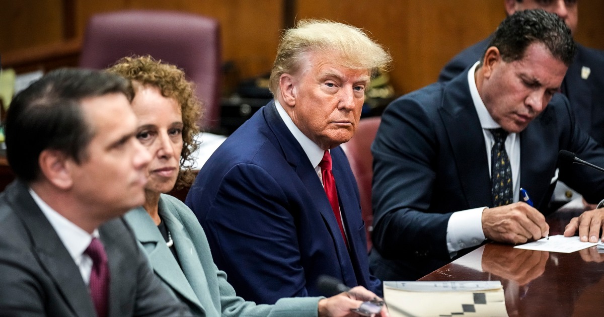Trump in courthouse where he will be arraigned in hush money case