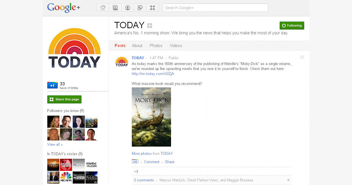 Add us to your circles! TODAY joins Google+