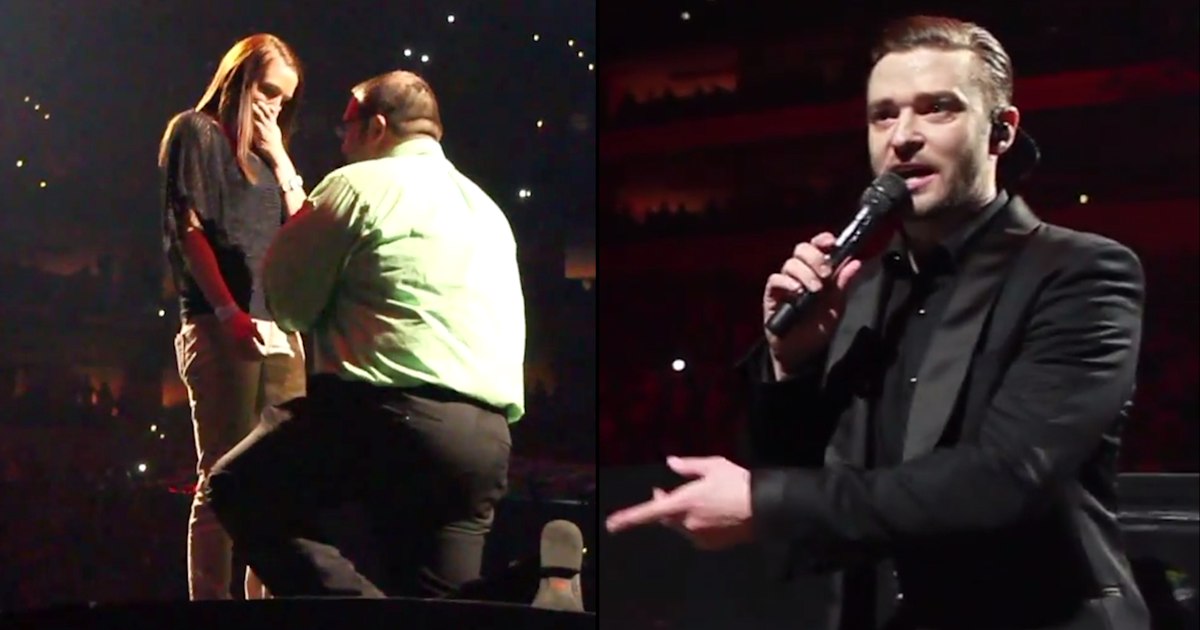 Justin Timberlake helps fan propose on stage during concert
