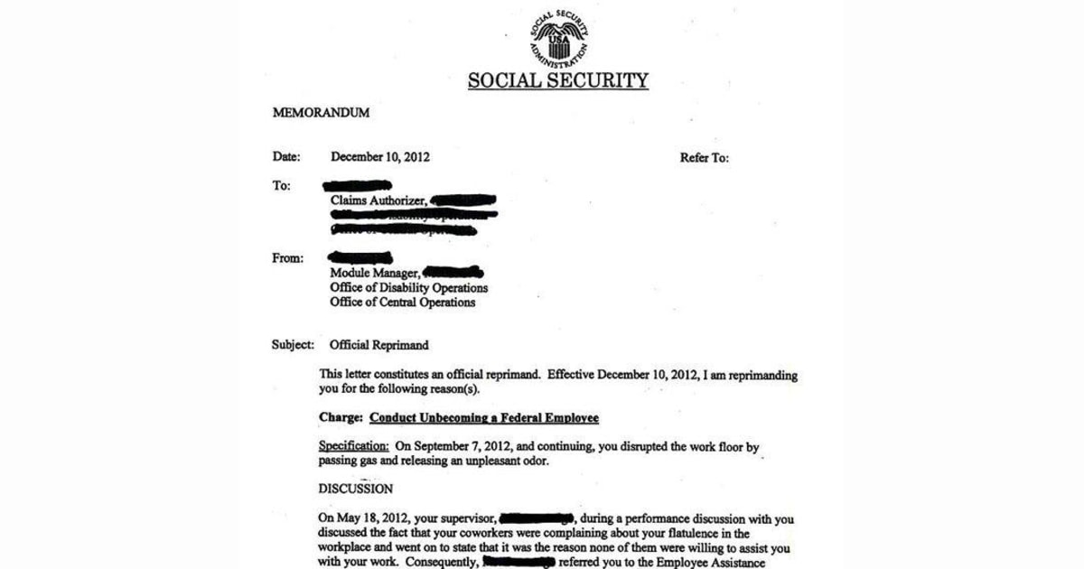 Flatulent federal worker's reprimand is rescinded