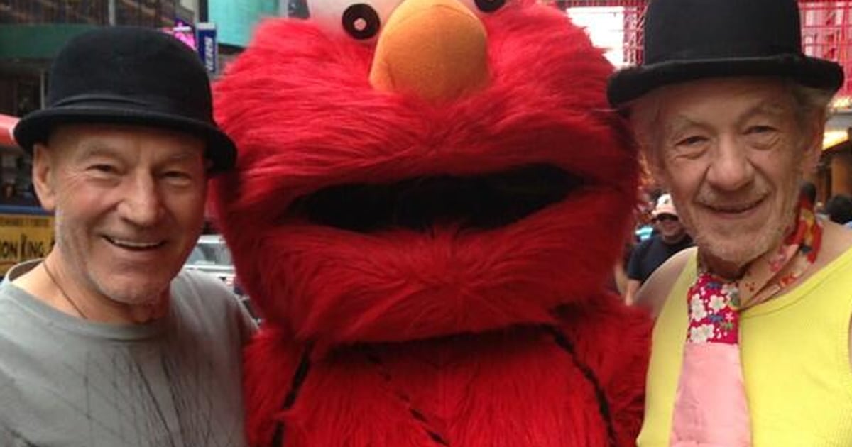 Patrick Stewart, Ian McKellen pose with Elmo in Times Square