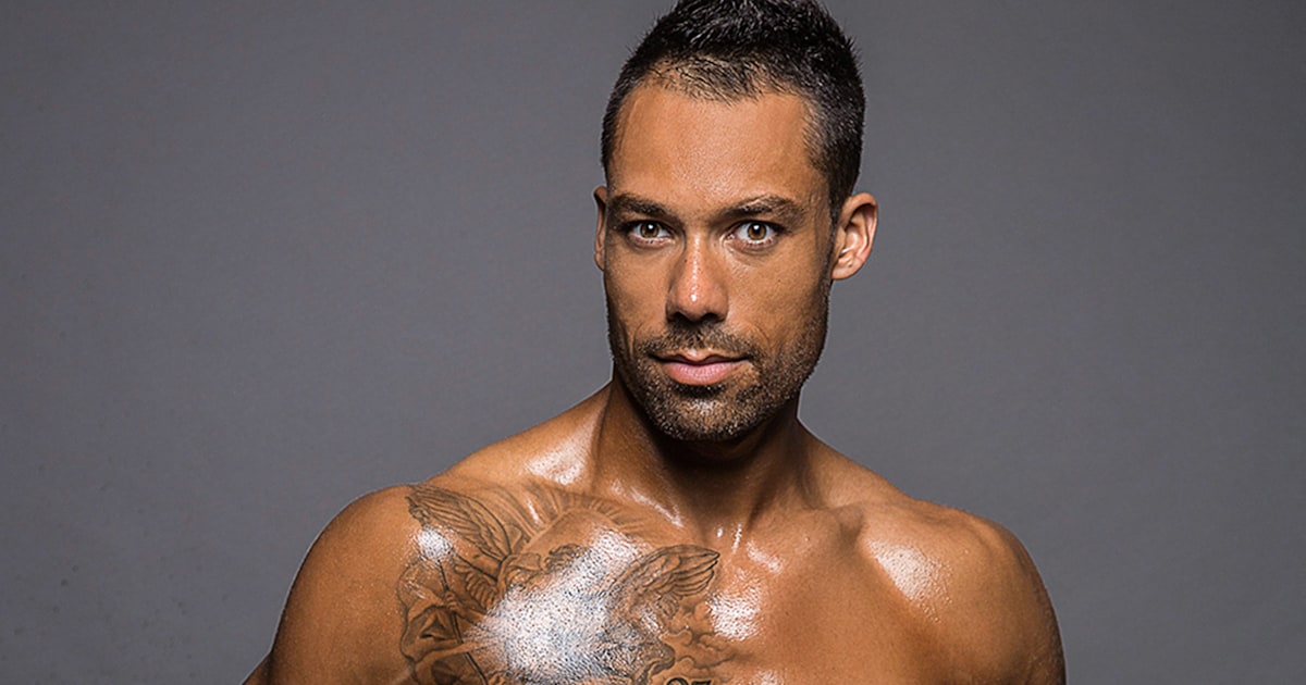 Male model Blake Beckford poses shirtless with ileostomy bag