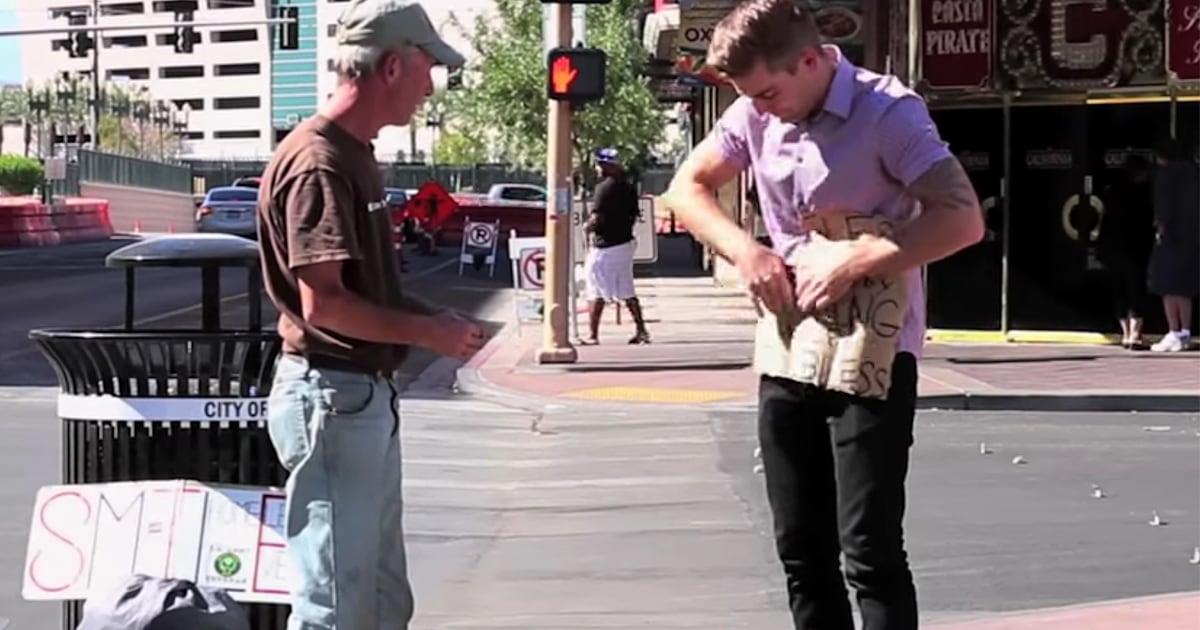 Man rips up homeless vet's sign before really shocking him