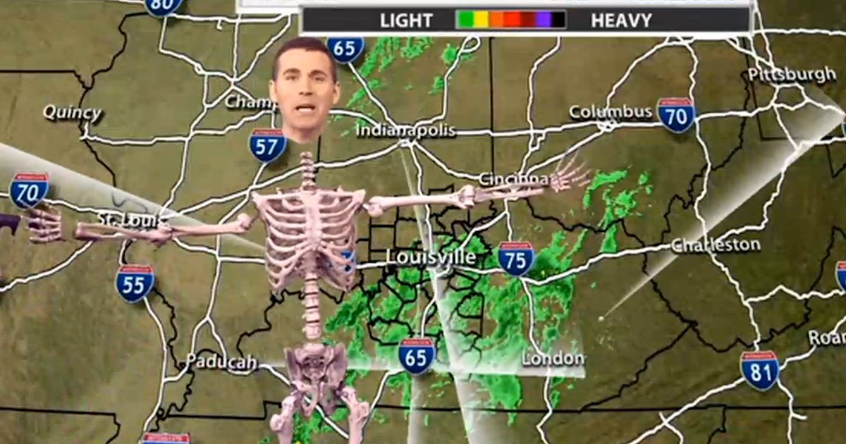 Louisville weatherman Jude Redfield gives forecast as a skeleton