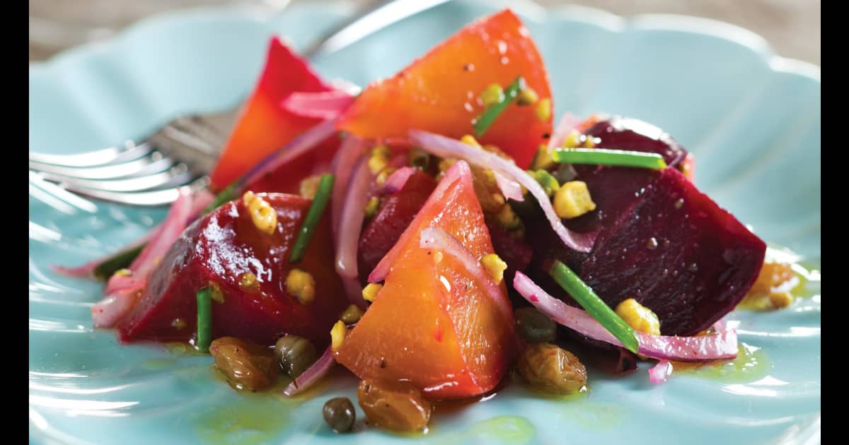 Salad of Roasted Heirloom Beets with Capers and Pistachios